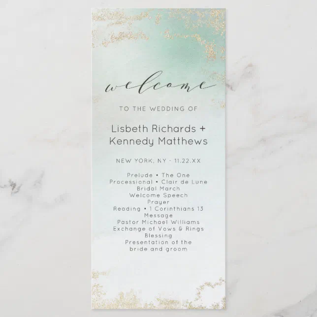 Abstract Aqua Ombre Fade with Frosted Gold Glitter Program | Zazzle