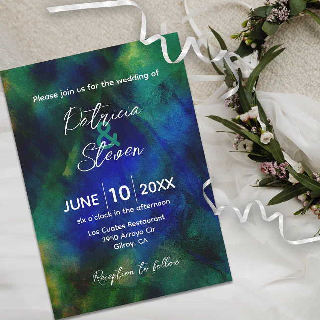 Abstract Artistic Dark Blue Green Wedding Invitation | Zazzle