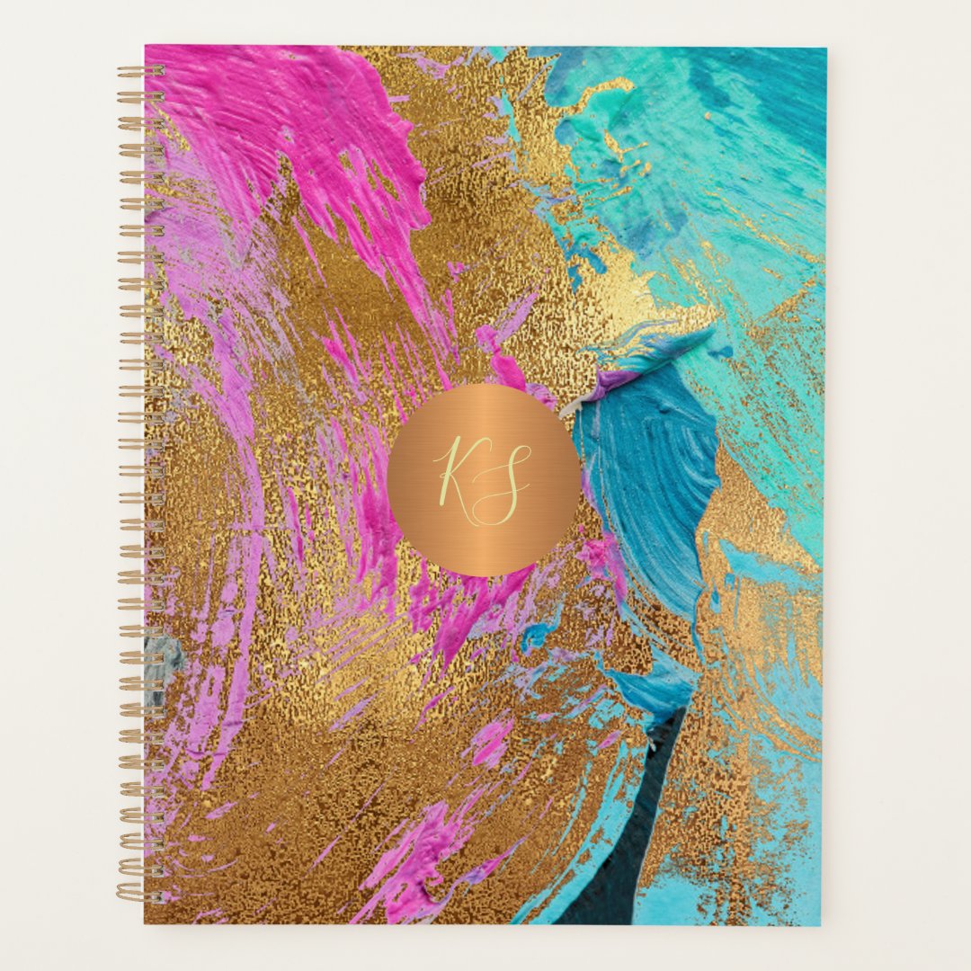 Abstract arylic painting copper gold monogrammed planner | Zazzle