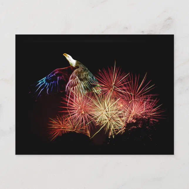 Abstract bald eagle and fireworks postcard | Zazzle
