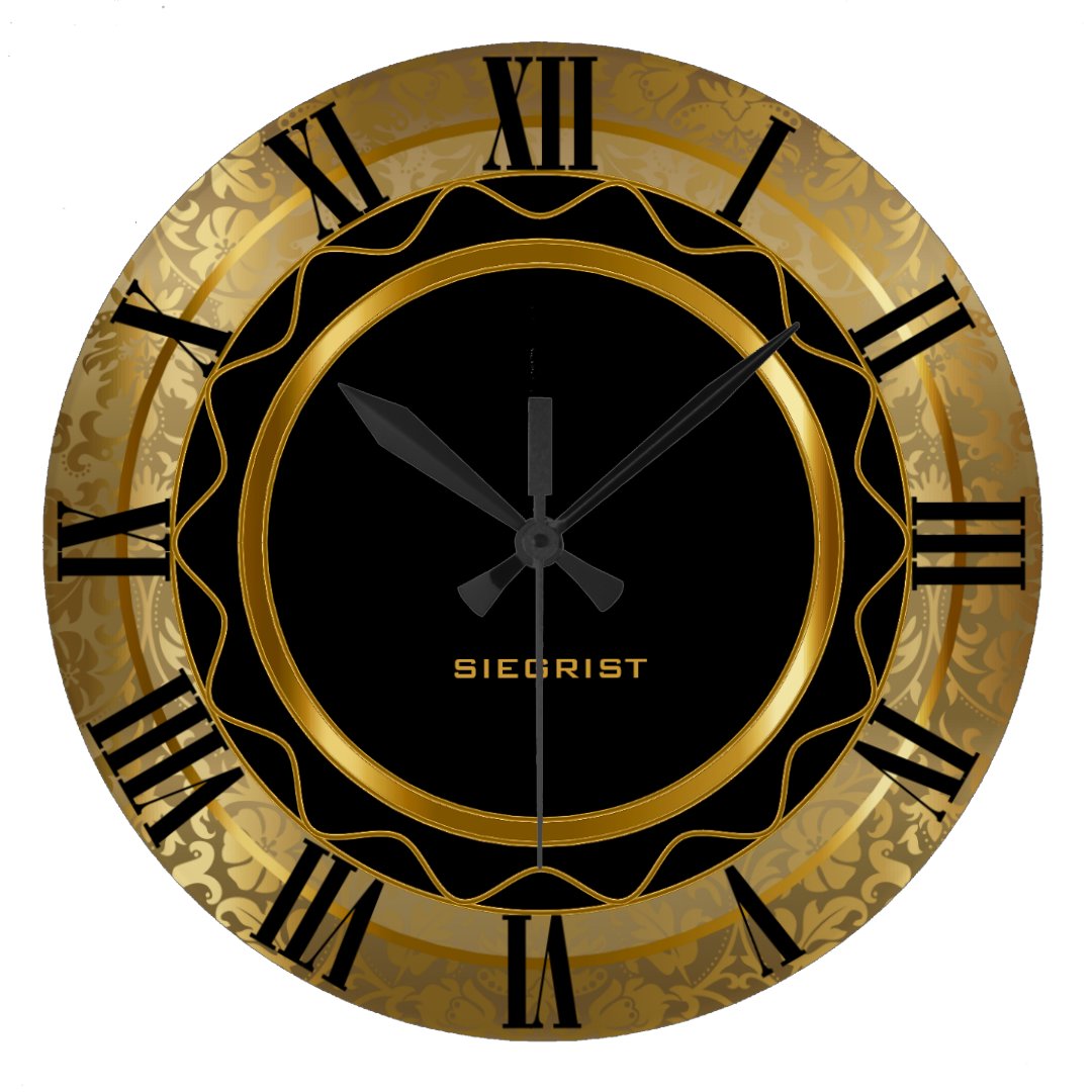 Abstract Black and Gold Damask Large Clock | Zazzle