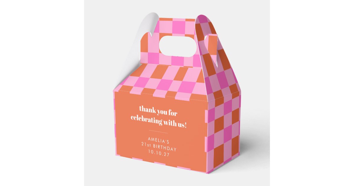 Abstract Checker Pink Custom 21st Birthday Thanks Favor Boxes | Zazzle