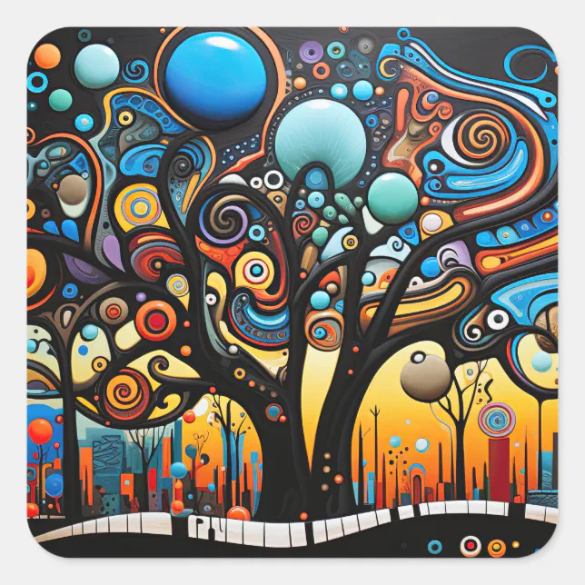 Abstract Colorful Swirl Tree Landscape Nature Square Sticker | Zazzle