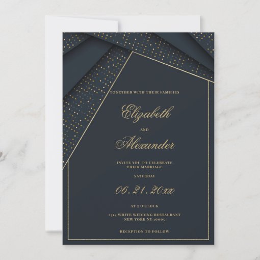 Abstract dark blue elegant gold geometric wedding invitation | Zazzle