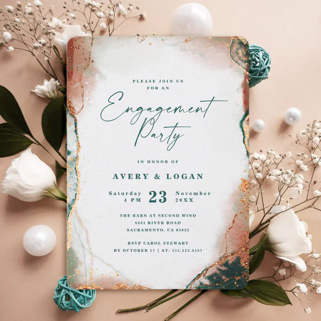 Abstract Ethereal Teal & Copper Engagement Party Invitation | Zazzle