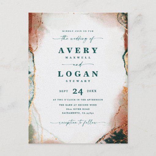 Abstract Ethereal Teal & Copper Wedding Invitation | Zazzle