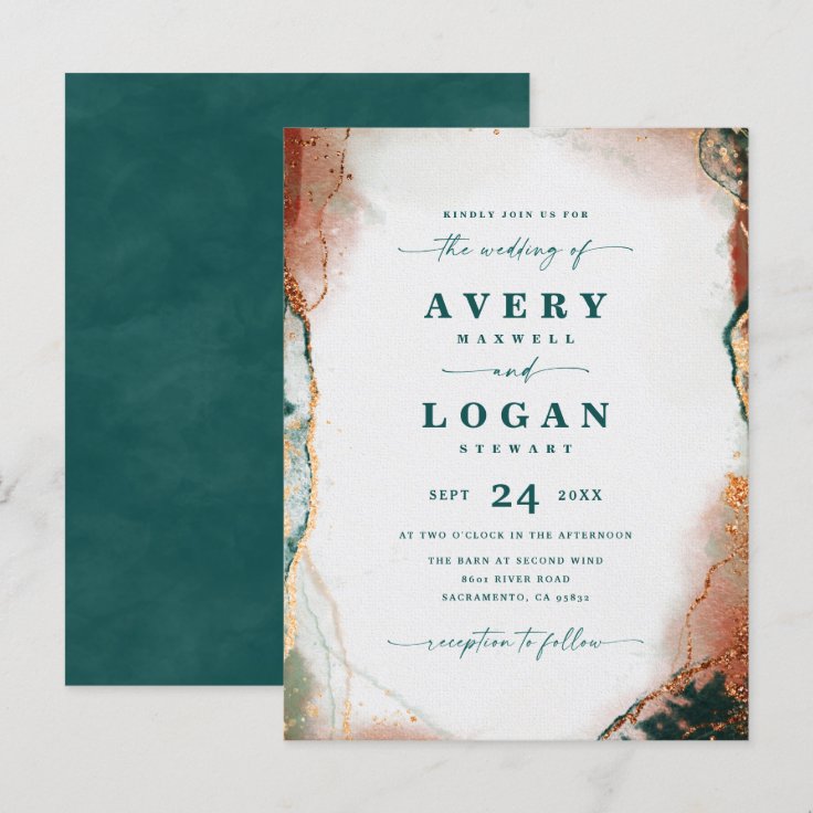 Abstract Ethereal Teal & Copper Wedding Invitation | Zazzle