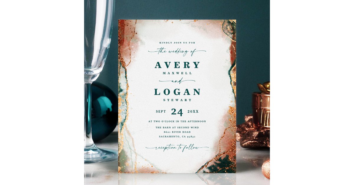 Abstract Ethereal Teal & Copper Wedding Invitation | Zazzle