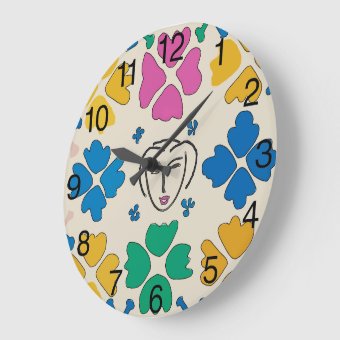 Abstract Face and flowers Large Clock | Zazzle