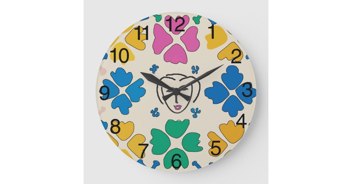Abstract Face and flowers Large Clock | Zazzle