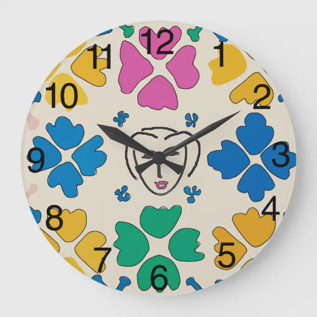 Abstract Face and flowers Large Clock | Zazzle