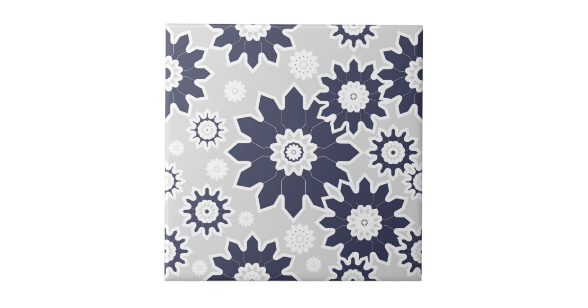 Abstract floral pattern, navy blue, white, grey ceramic tile | Zazzle