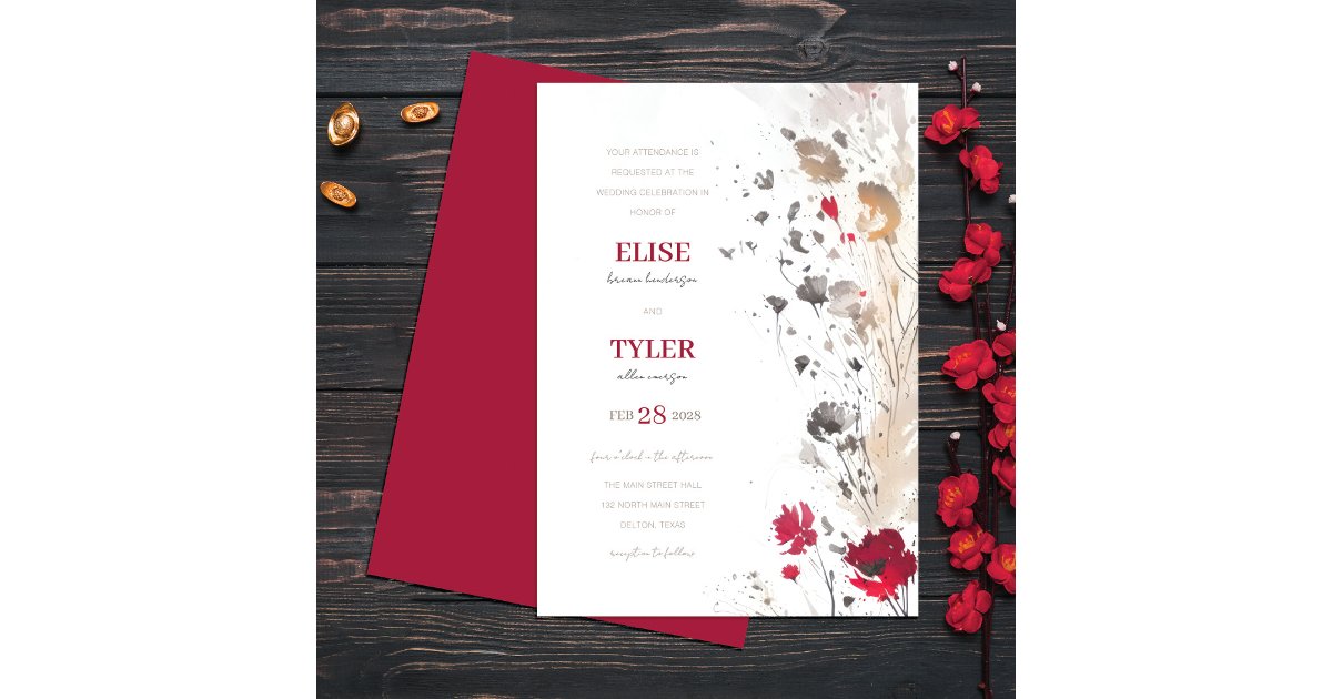 Abstract Floral Red Earth Tone Wedding Invitation | Zazzle