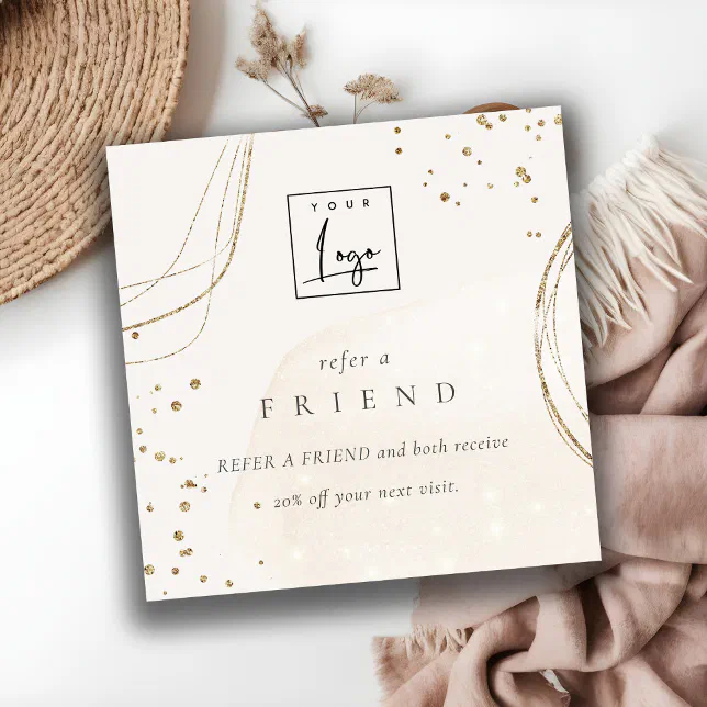 Abstract Glitter Ivory Gold Refer A Friend Logo Square Business Card ...