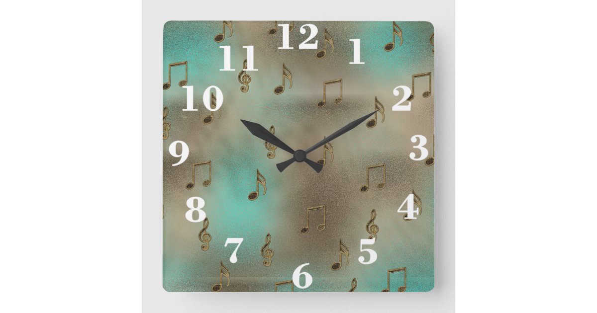 Abstract Gold & Teal Musical Notes Pattern Square Wall Clock | Zazzle
