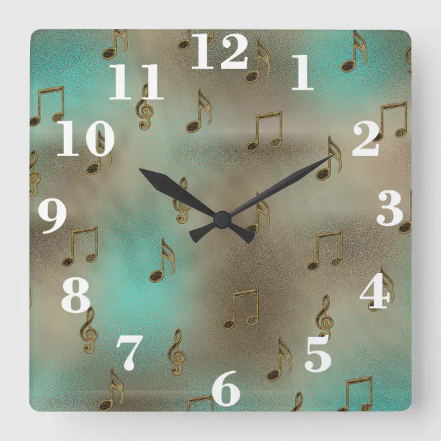 Abstract Gold & Teal Musical Notes Pattern Square Wall Clock | Zazzle