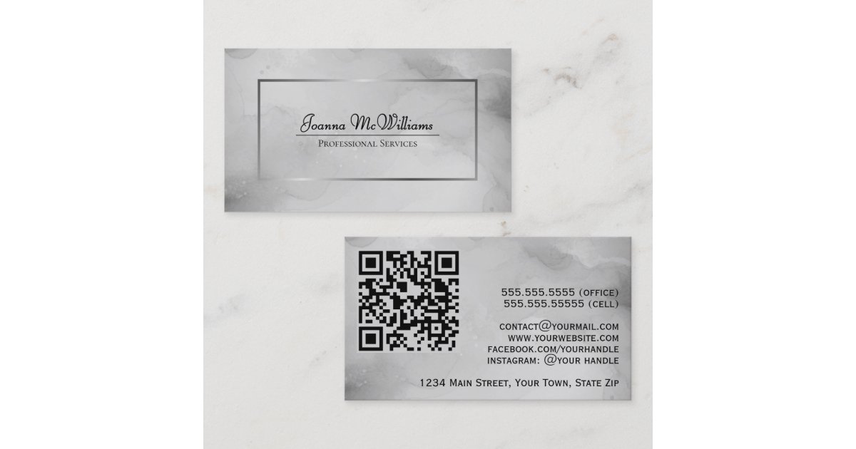Abstract Gray Watercolor with Silver QR Code Business Card | Zazzle