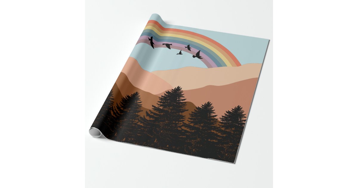 Abstract Landscape Forest Trees Rainbow & Birds Wrapping Paper | Zazzle
