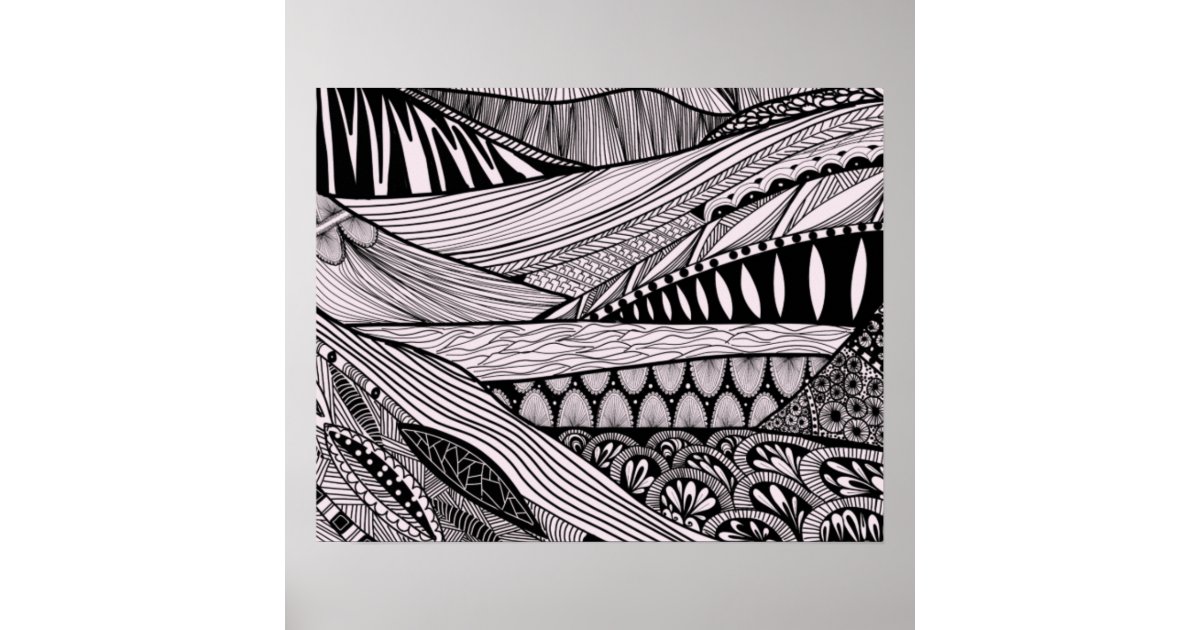 Abstract landscape lineart mountains and rivers poster | Zazzle