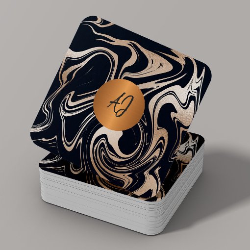 Abstract marble paint rose gold black monogrammed square business card ...