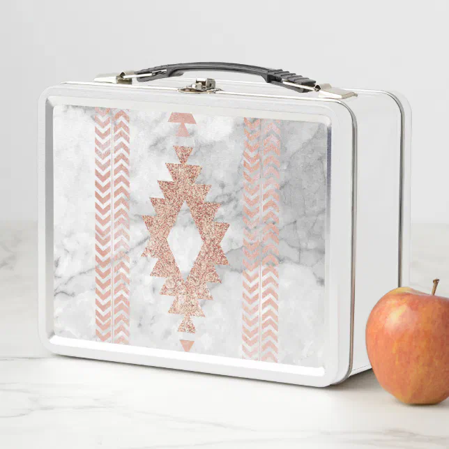 abstract minimalist rose gold aztec white marble metal lunch box | Zazzle