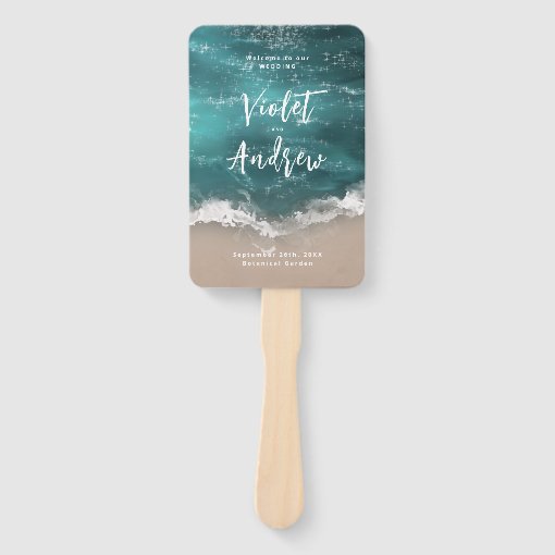 Abstract moody ocean beach wedding program hand fan | Zazzle