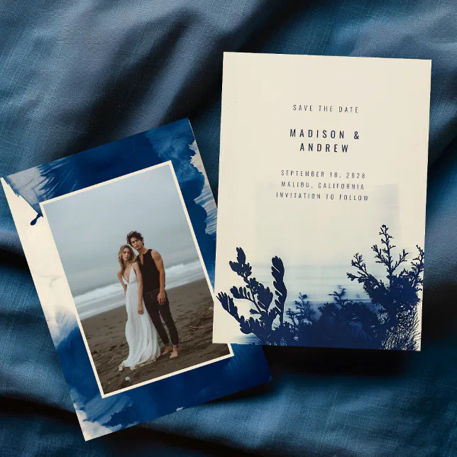 Abstract Navy Blue Ink Sea Coastal Photo Wedding Save The Date | Zazzle
