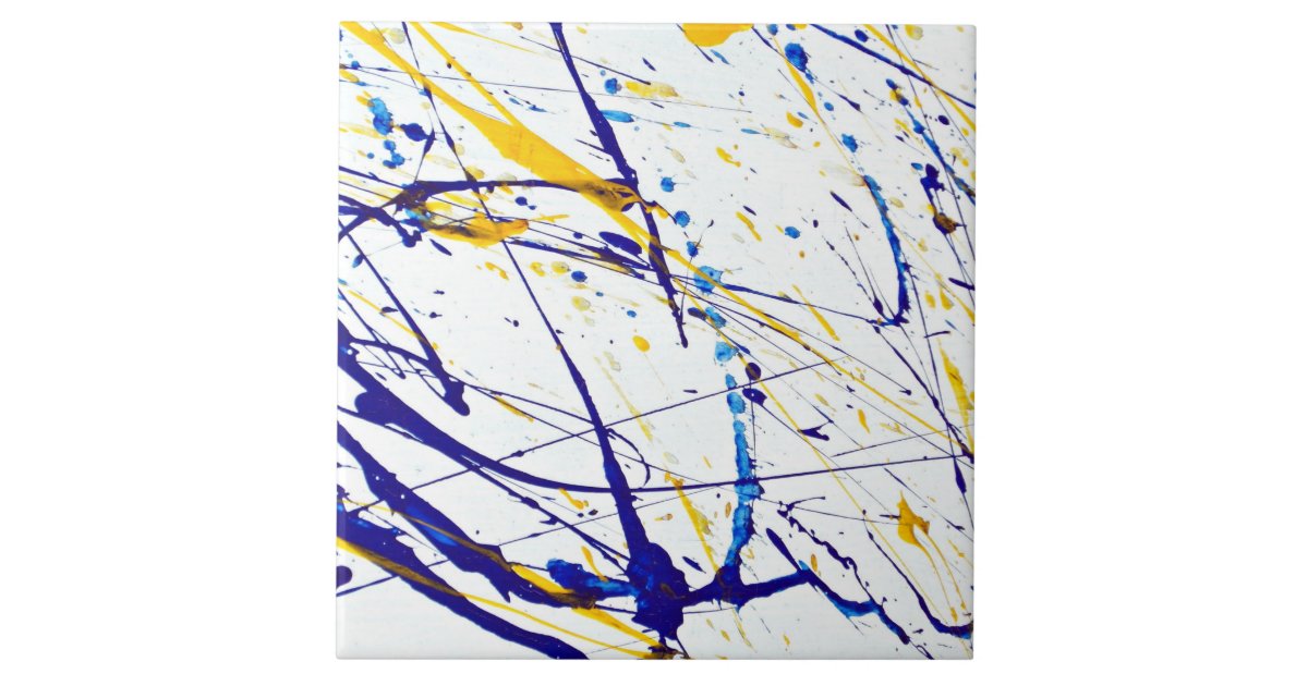 Abstract paint blue and gold splatter ceramic tile | Zazzle