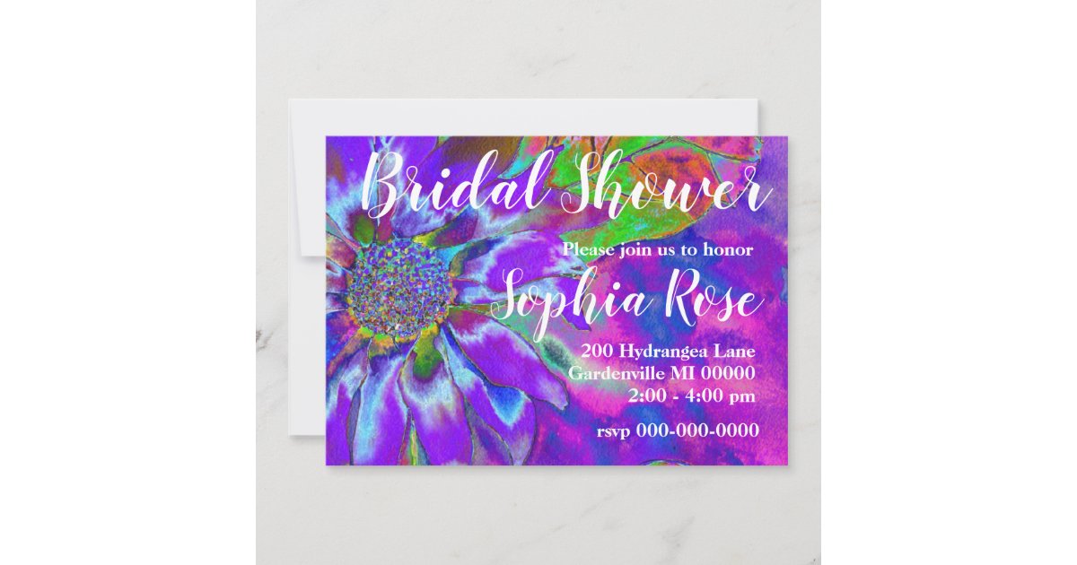 Abstract purple blue floral sunflower retro funky invitation | Zazzle