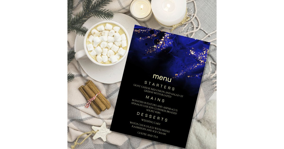 Abstract Royal Blue and Gold Alcohol Menu Invitation | Zazzle