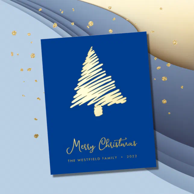 Abstract Scandi Style Christmas Tree Blue Gold Foil Holiday Card | Zazzle