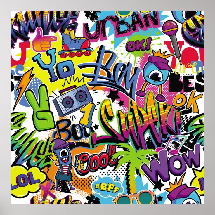 Abstract seamless comics pattern with palm tree, h poster | Zazzle