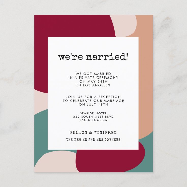 Abstract shapes contemporary wedding announcement postcard | Zazzle