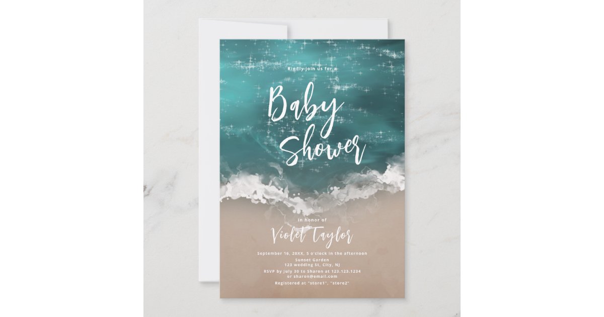 Abstract sparkling moody ocean beach Baby Shower Invitation | Zazzle