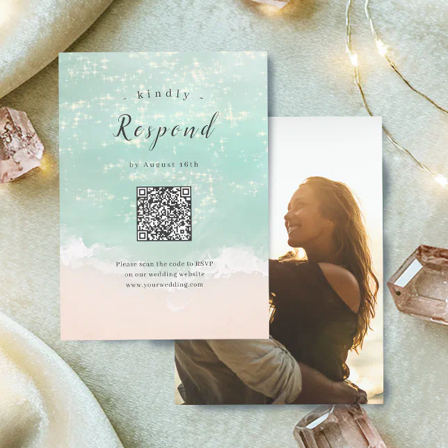 Abstract sparkling ocean beach wedding QR code RSVP Card | Zazzle