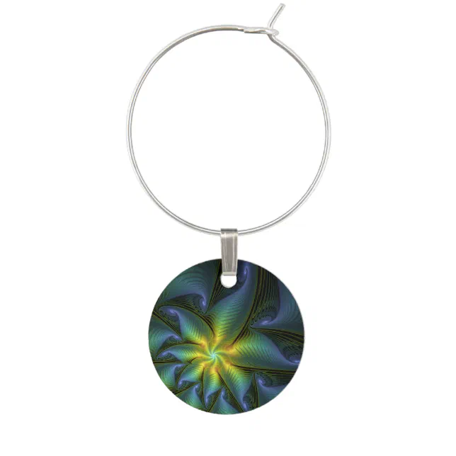 Abstract Star, Shiny Blue Green Golden Fractal Art Wine Charm | Zazzle