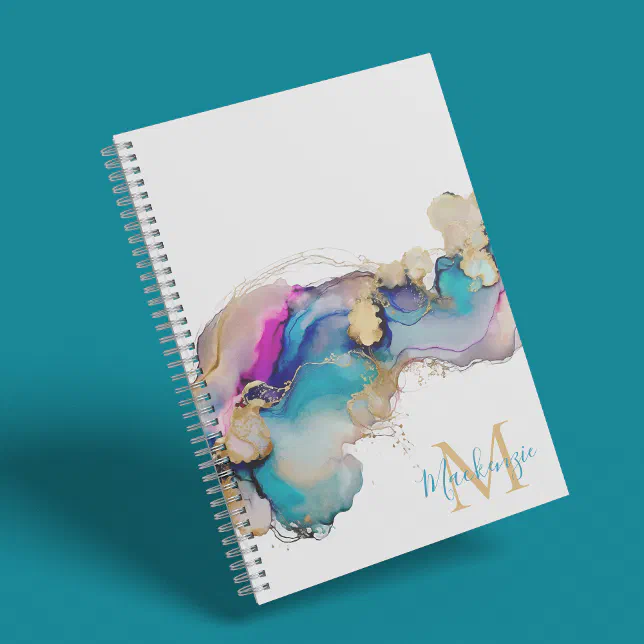 Abstract Teal Pink Gold Inky Marble Monogram Notebook | Zazzle