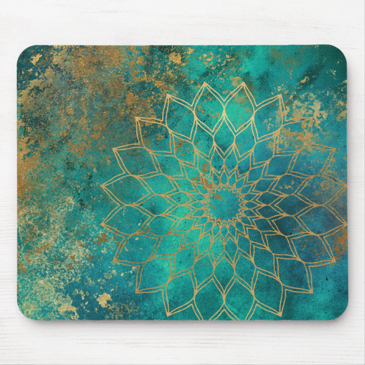 Abstract Teal Watercolor Gold Grunge Mandala Mouse Pad | Zazzle