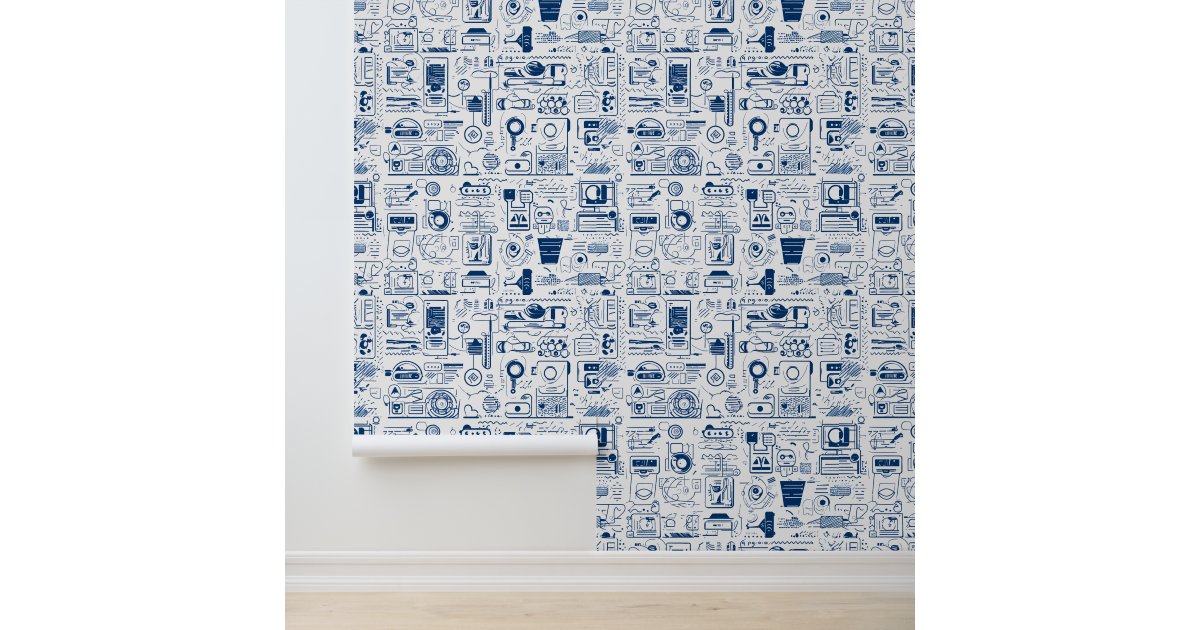 Abstract Tech Blueprint Doodle Pattern Wallpaper | Zazzle