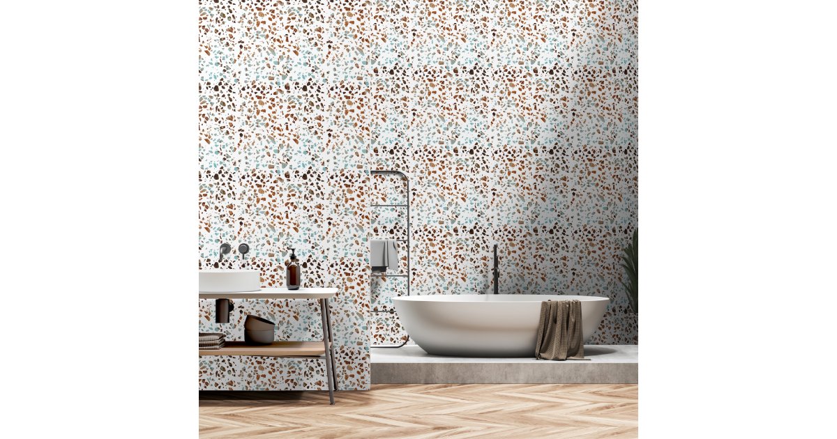 Abstract Terrazzo Mosaic Rust Brown & Blue Pattern Wallpaper | Zazzle