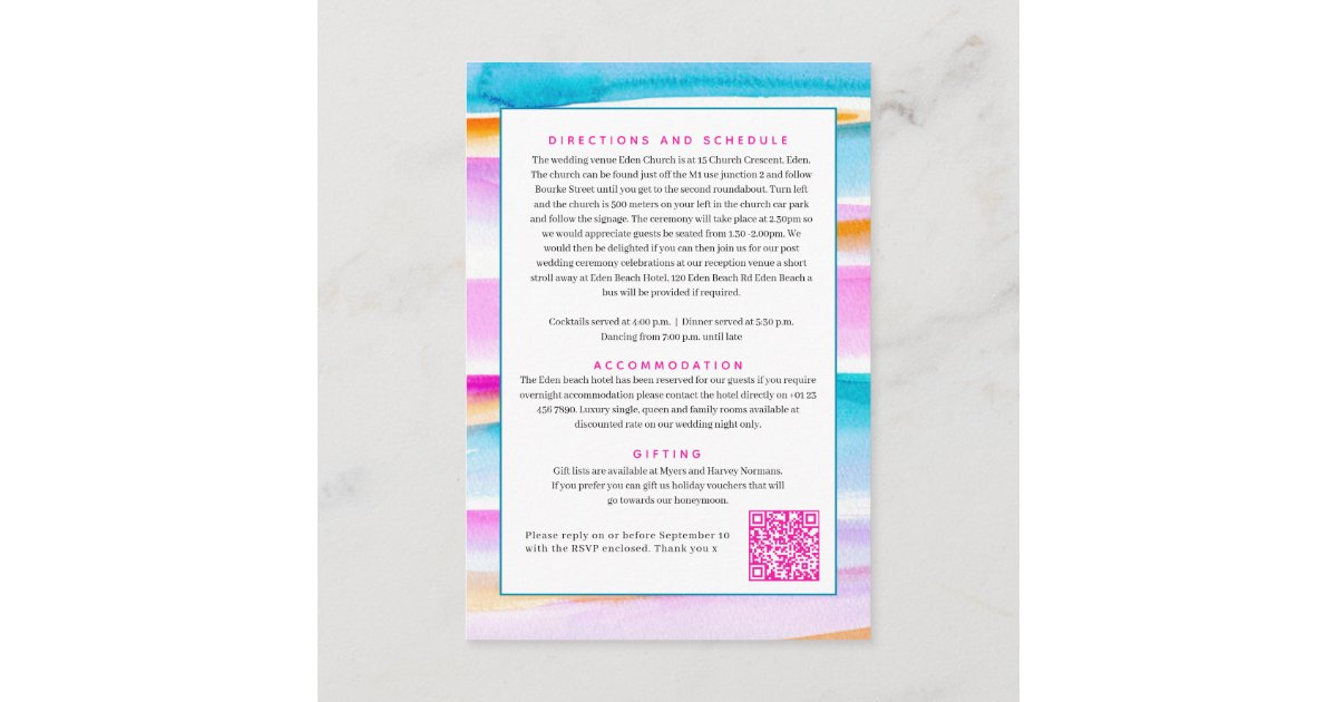 Abstract tidal lines pink blue wedding QR code Enclosure Card | Zazzle