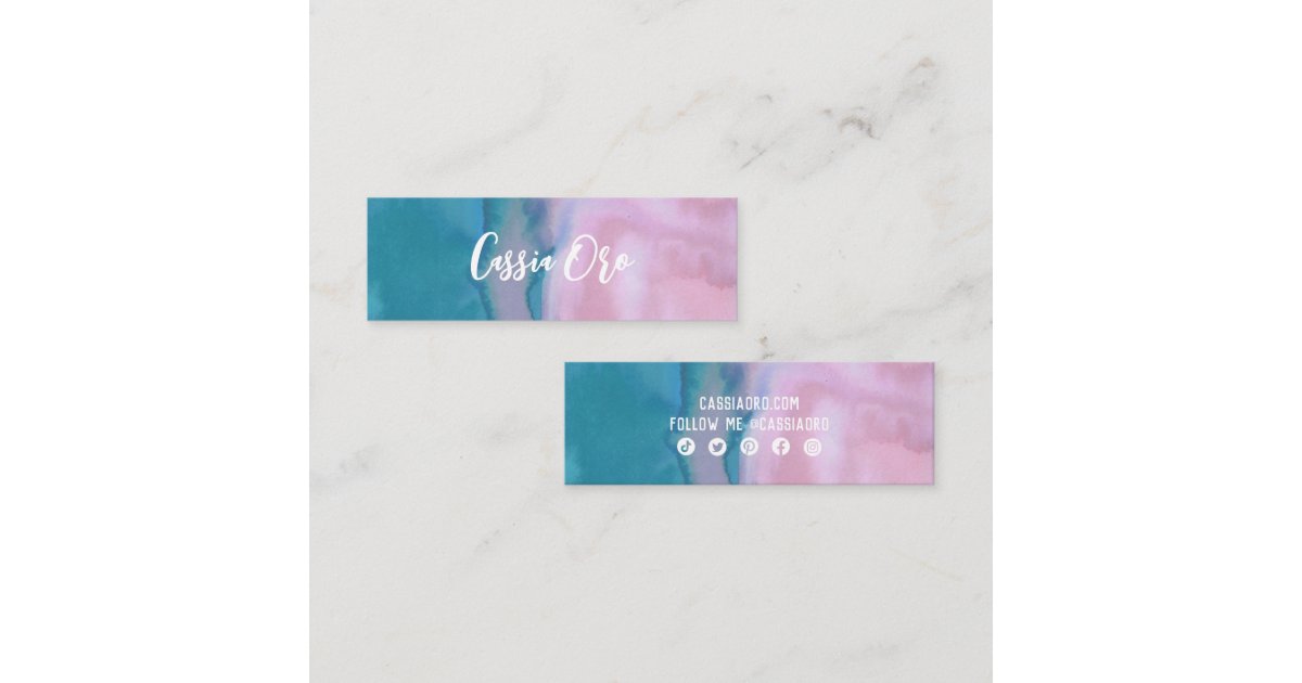 Abstract Watercolor Pink Teal Custom Social Icons Mini Business Card ...