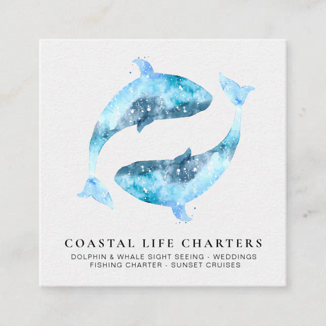 Abstract Watercolor Playing Coastal Dolphins Square Business Card | Zazzle