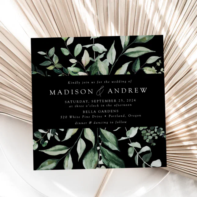 Abundant Greenery Black Square Wedding Invitation | Zazzle
