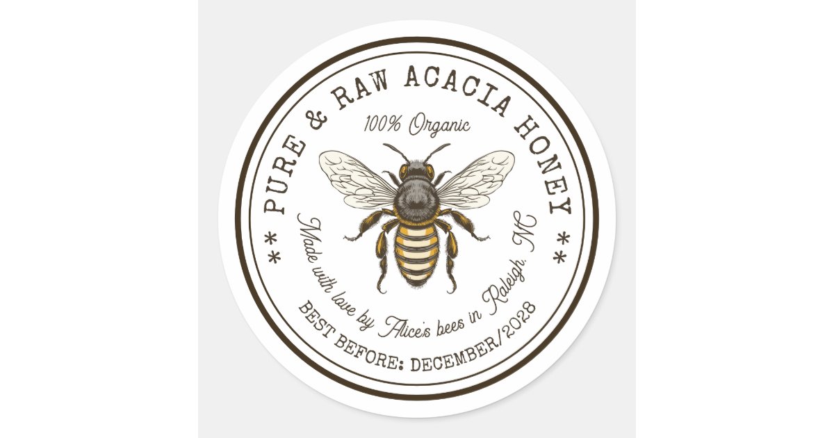Acacia honey canning sticker with vintage bee | Zazzle