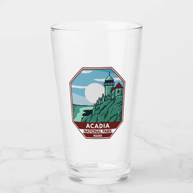 Acadia National Park Maine Lighthouse Retro Emblem Glass | Zazzle