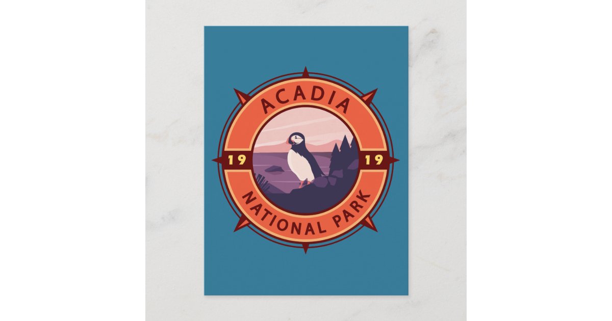 Acadia National Park Puffin Retro Compass Emblem Postcard | Zazzle