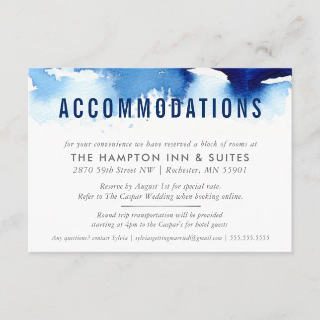 ACCOMMODATION CARD stylish watercolor dark blue | Zazzle