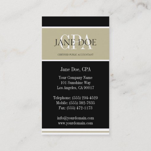 Accountant/CPA Tan/White/Black Borders Business Card | Zazzle