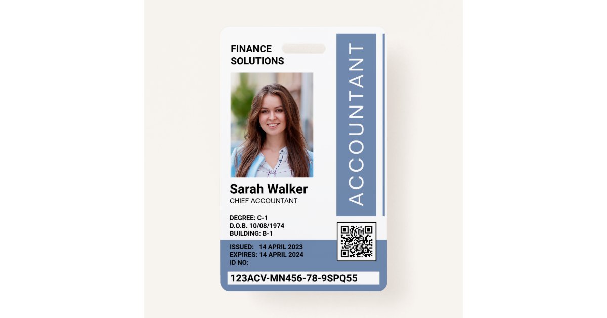 Accountant ID with photo office worker dusty blue Badge | Zazzle